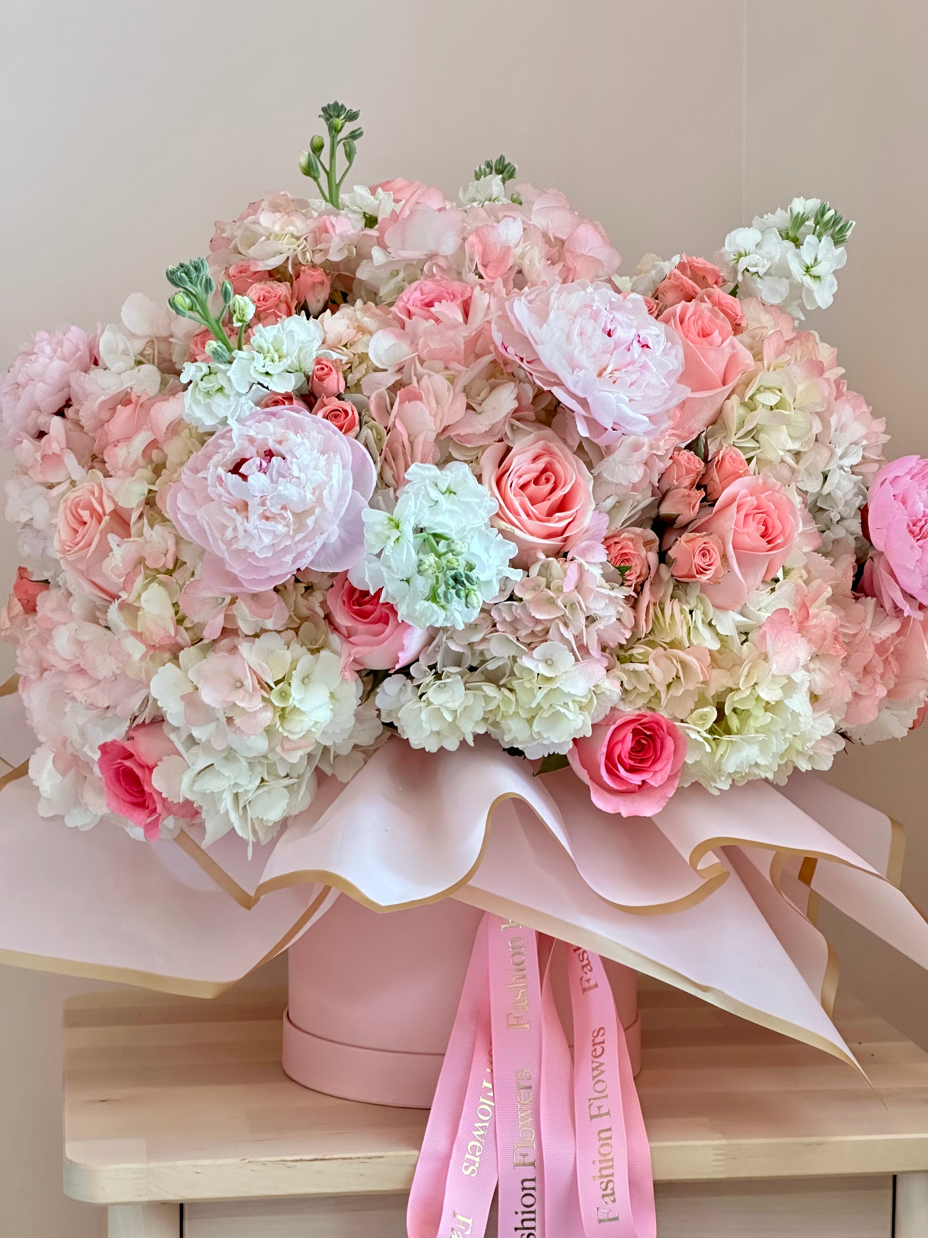 Pink cloud - flower box arrangement with peonies, spray roses, pink ro ...